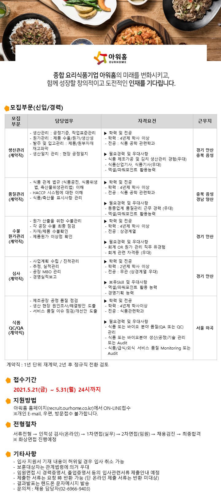 아워홈 채용공고 아워홈 제조본부 신입경력 채용 2021년 채용
