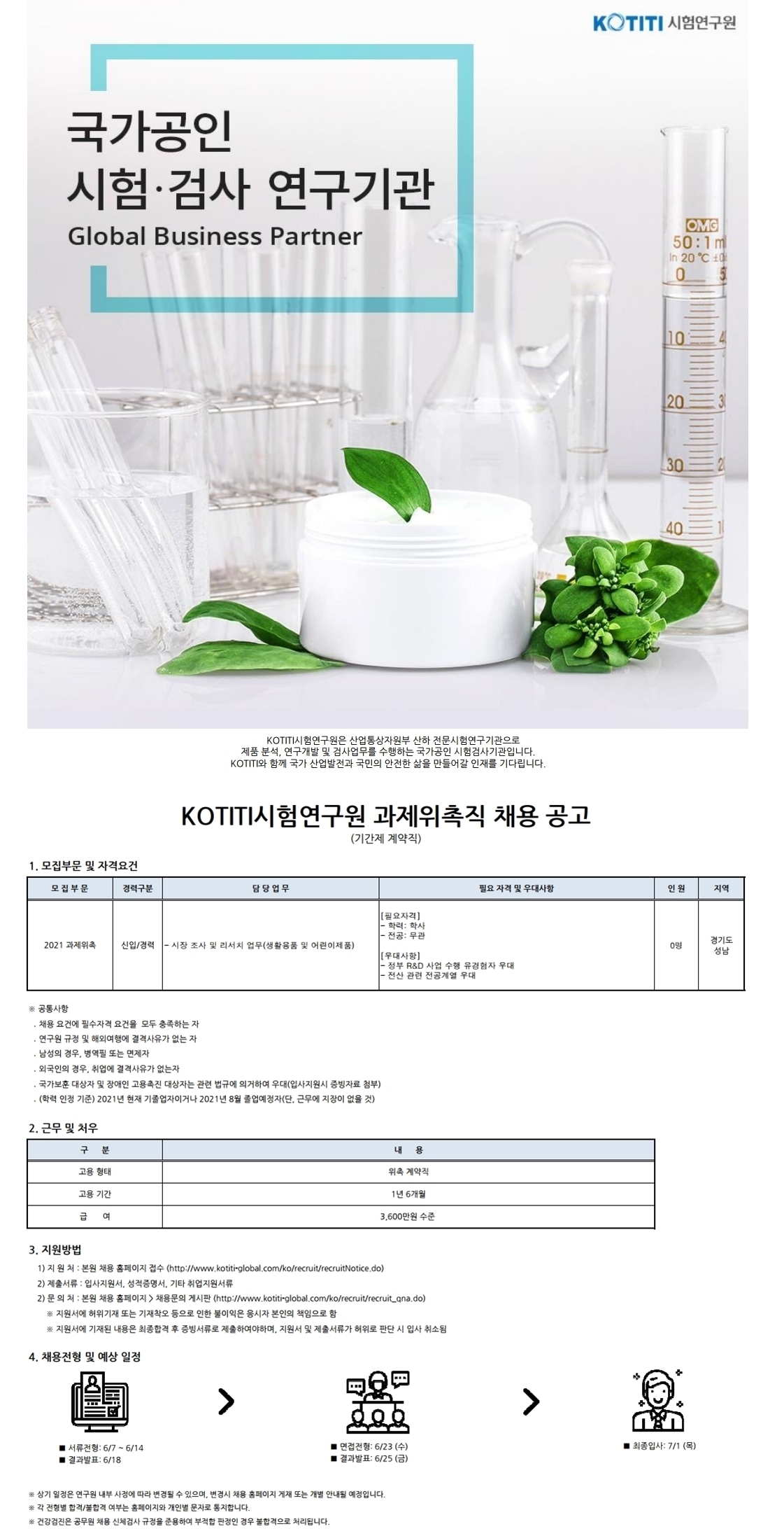 KOTITI시험연구원 채용공고 - 2021년 과제위촉직 채용 | 자소서 문항, 지원자 스펙 분석까지