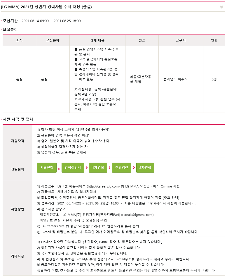 LG MMA 채용공고 [LG MMA] 2021년 상반기 경력사원 수시 채용 (품질) | 2021년 채용