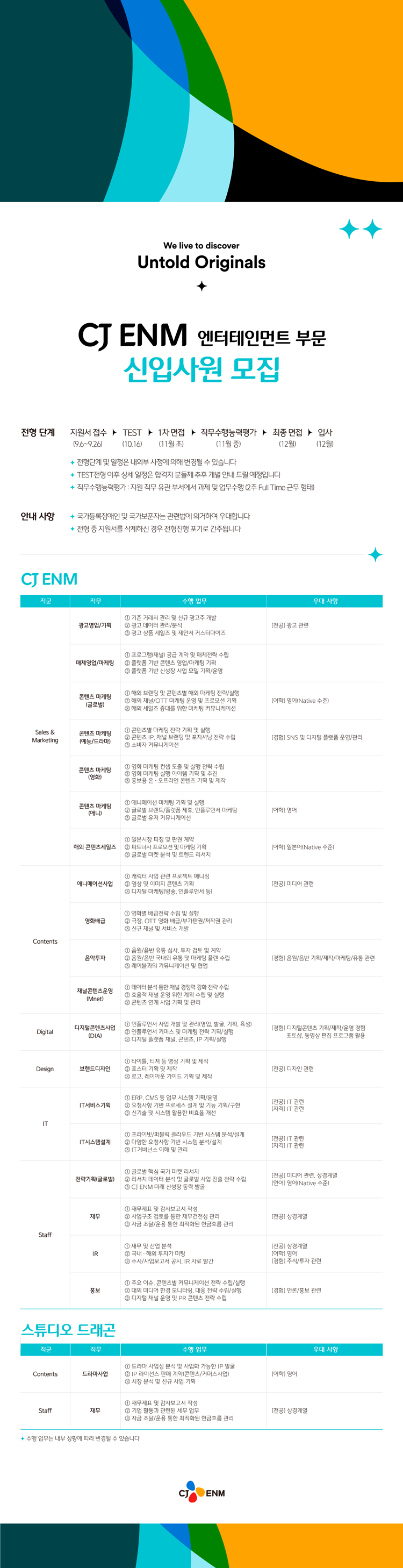 CJ ENM 엔터테인먼트 부문 채용공고 CJ ENM 엔터테인먼트 부문 신입사원 모집 | 2021년 채용
