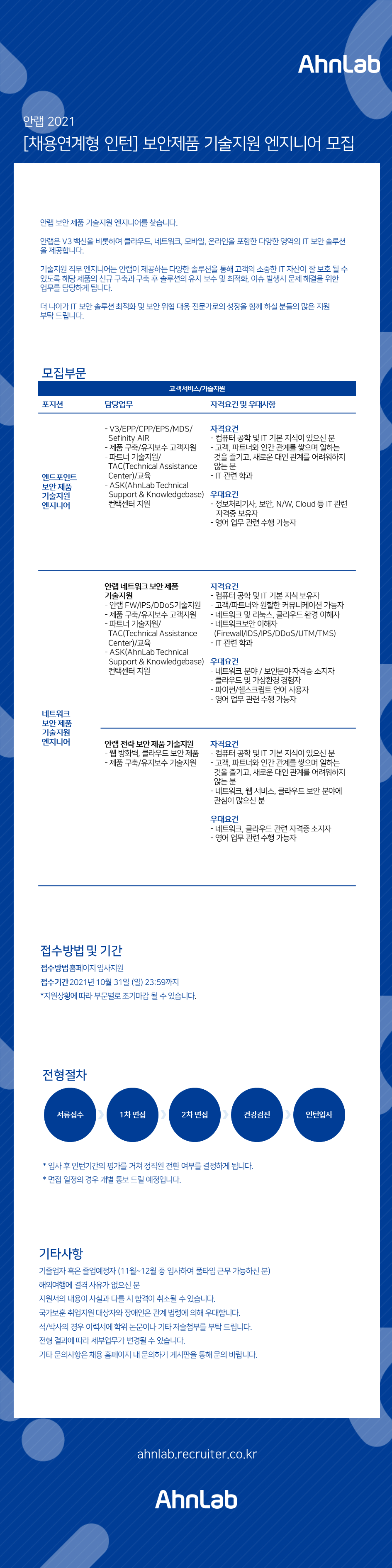 안랩 채용공고 채용연계형 인턴 보안제품 기술지원 엔지니어 모집 2021년 채용