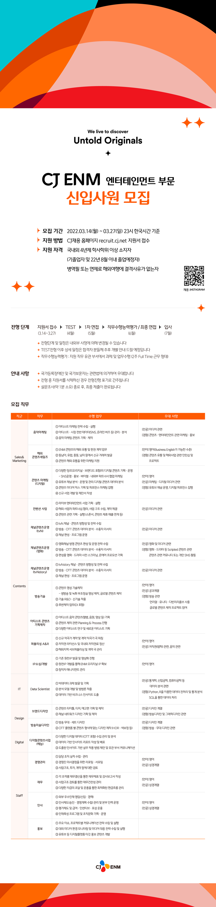 CJ ENM 채용공고 엔터테인먼트 부문 신입사원 모집 | 2022년 채용