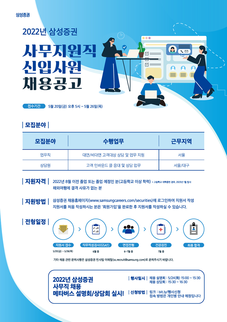 삼성증권 채용공고 사무지원직 신입사원 채용 2022년 채용