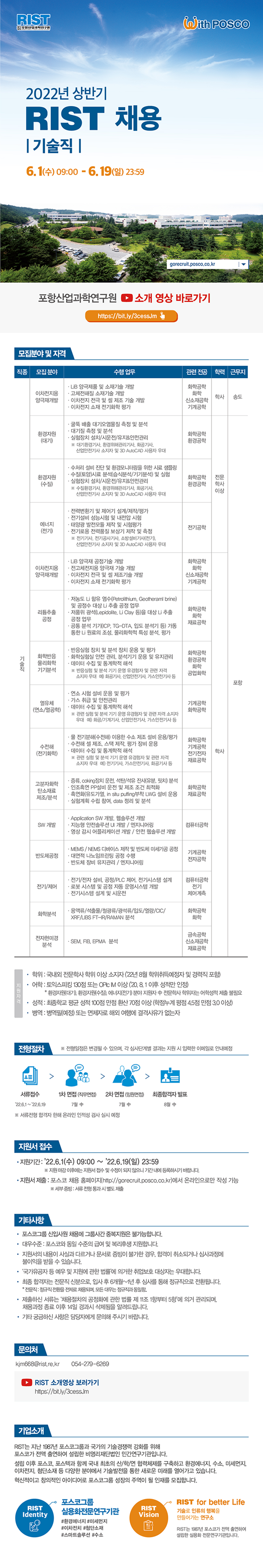 포항산업과학연구원rist 채용공고 기술직 공개채용 2022년 채용