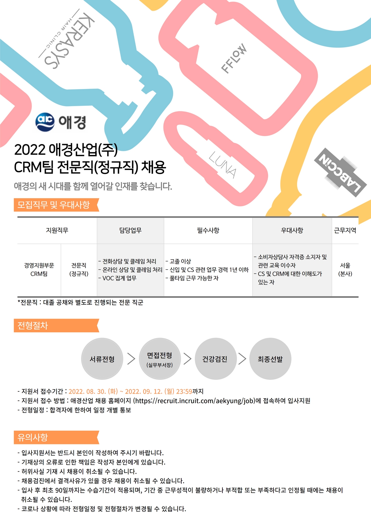 애경산업 채용공고 경영지원부문 Crm팀 전문직정규직 채용 2022년 채용