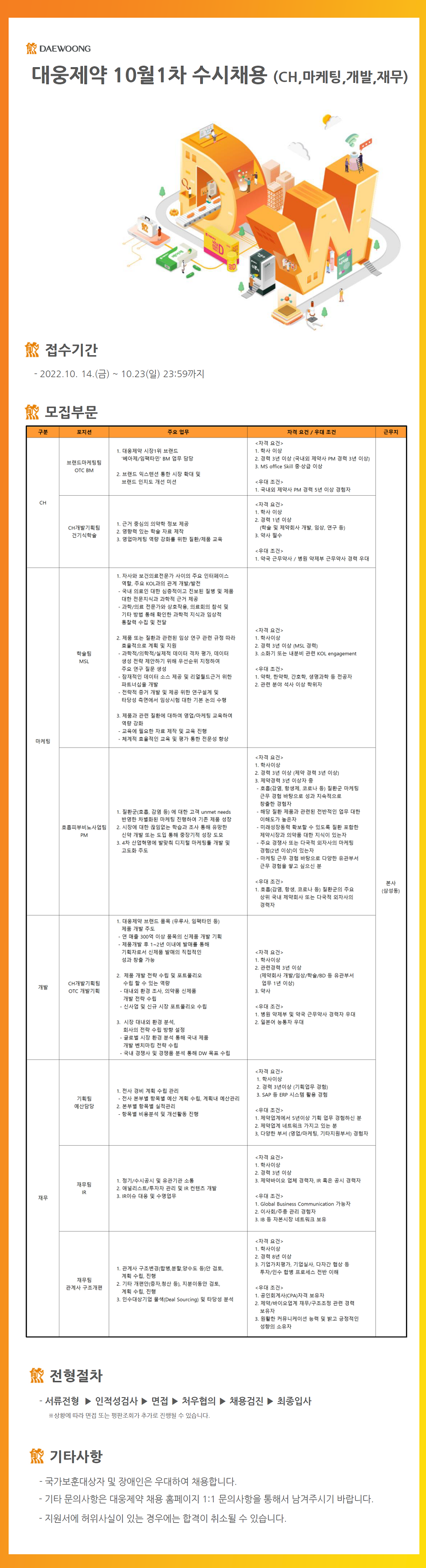 대웅제약 채용공고 10월1차 수시채용ch마케팅개발재무 2022년 채용
