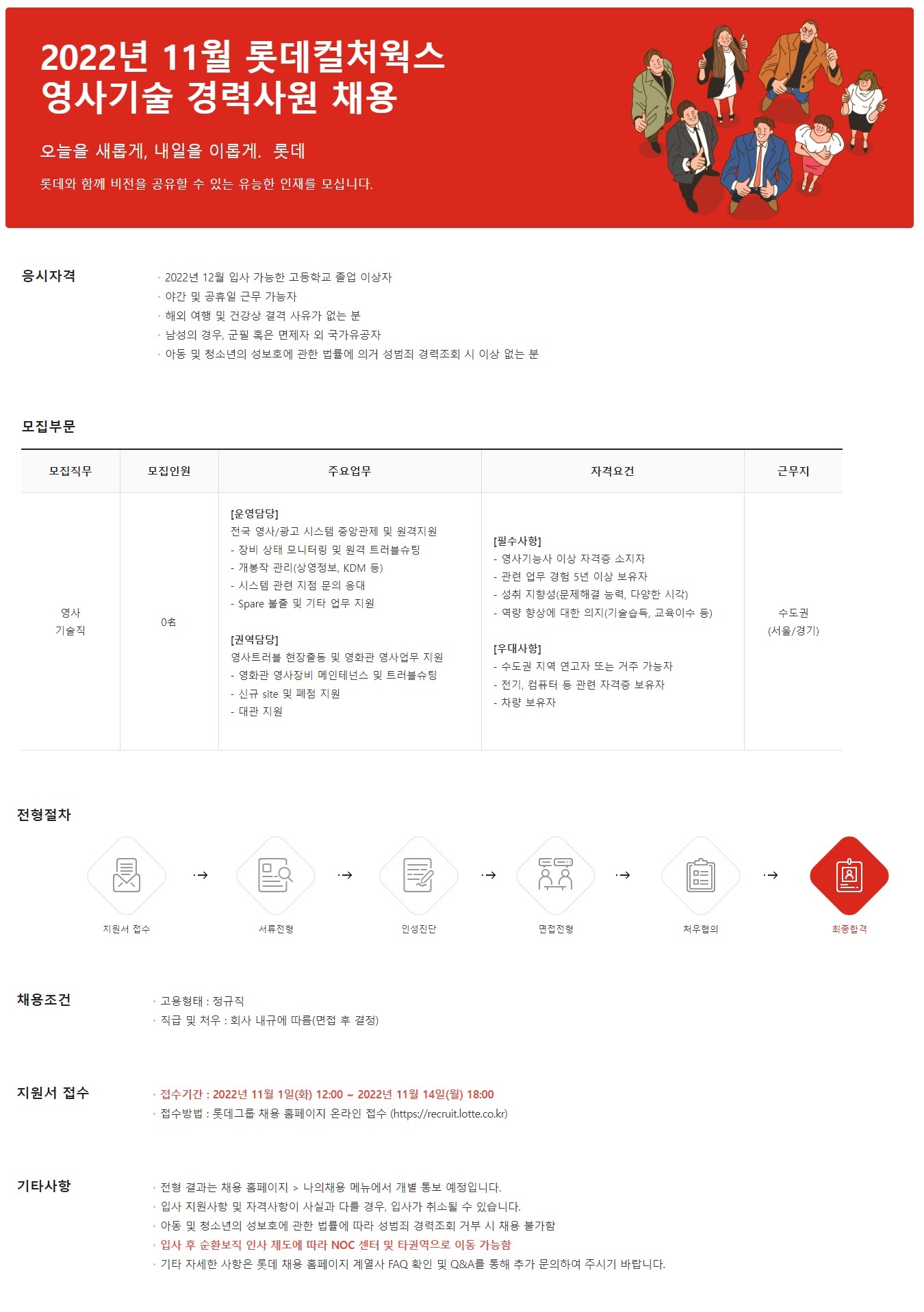 롯데컬처웍스 채용공고 영사기술 경력사원 채용 2022년 채용