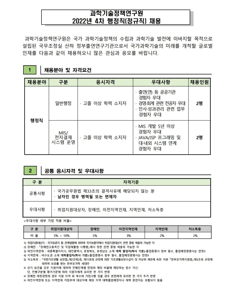 과학기술정책연구원 채용공고 4차 행정직정규직 채용 2022년 채용