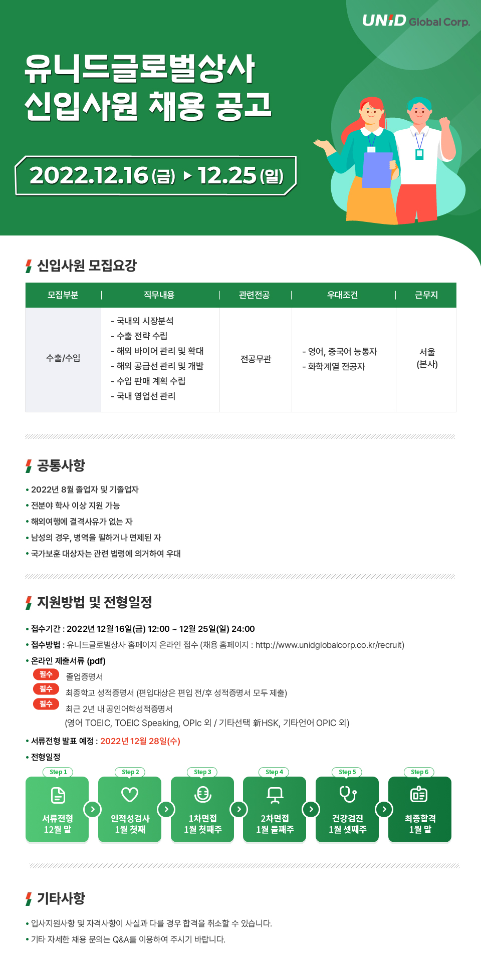 유니드글로벌상사 채용공고 수출입 신입사원 채용 공고 2022년 채용