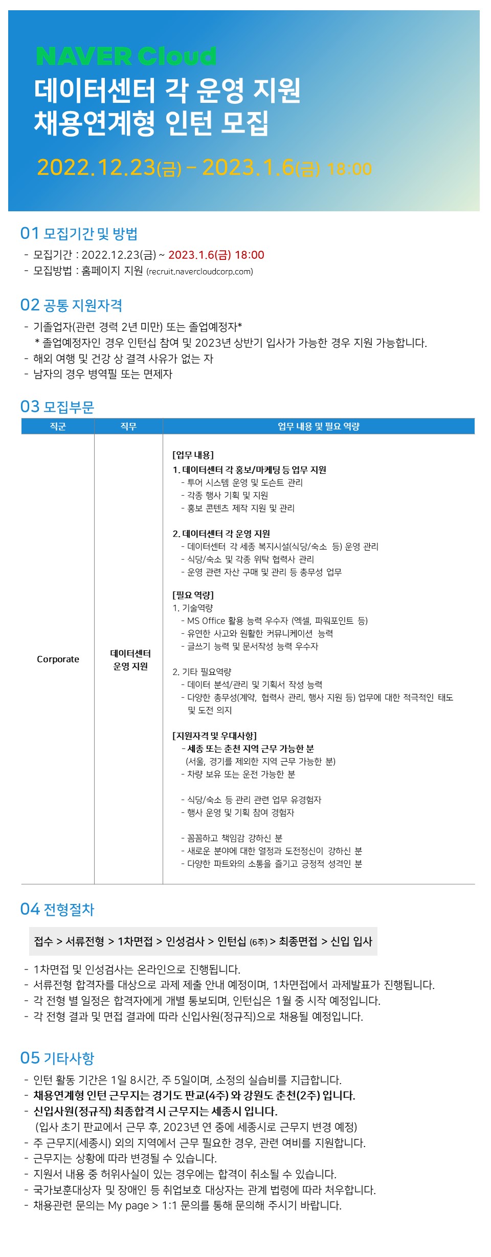 네이버클라우드 채용공고 데이터센터 각 운영 지원 채용연계형 인턴 모집 2023년 채용