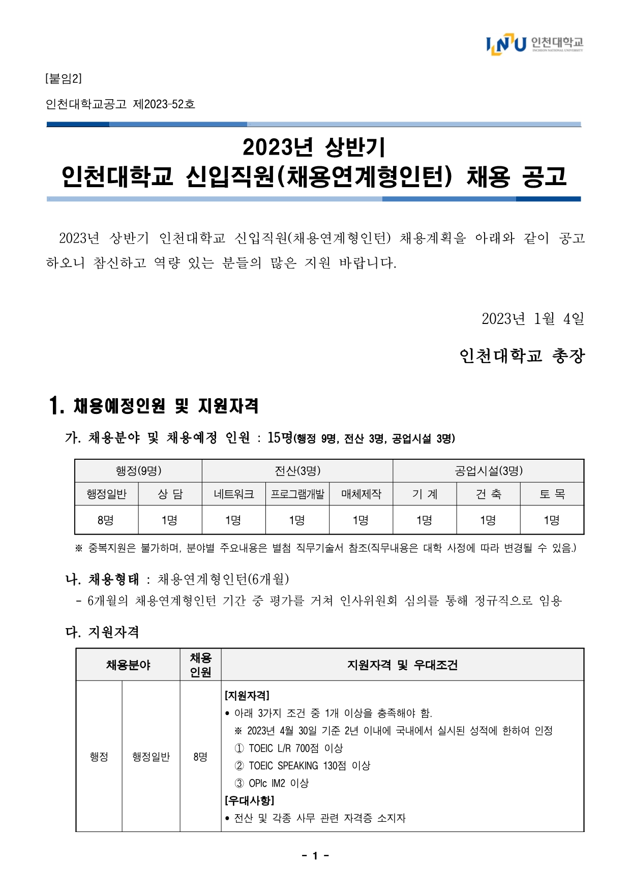인천대학교 채용공고 2023년 상반기 인천대학교 신입직원채용연계형인턴 채용 공고 2023년 채용
