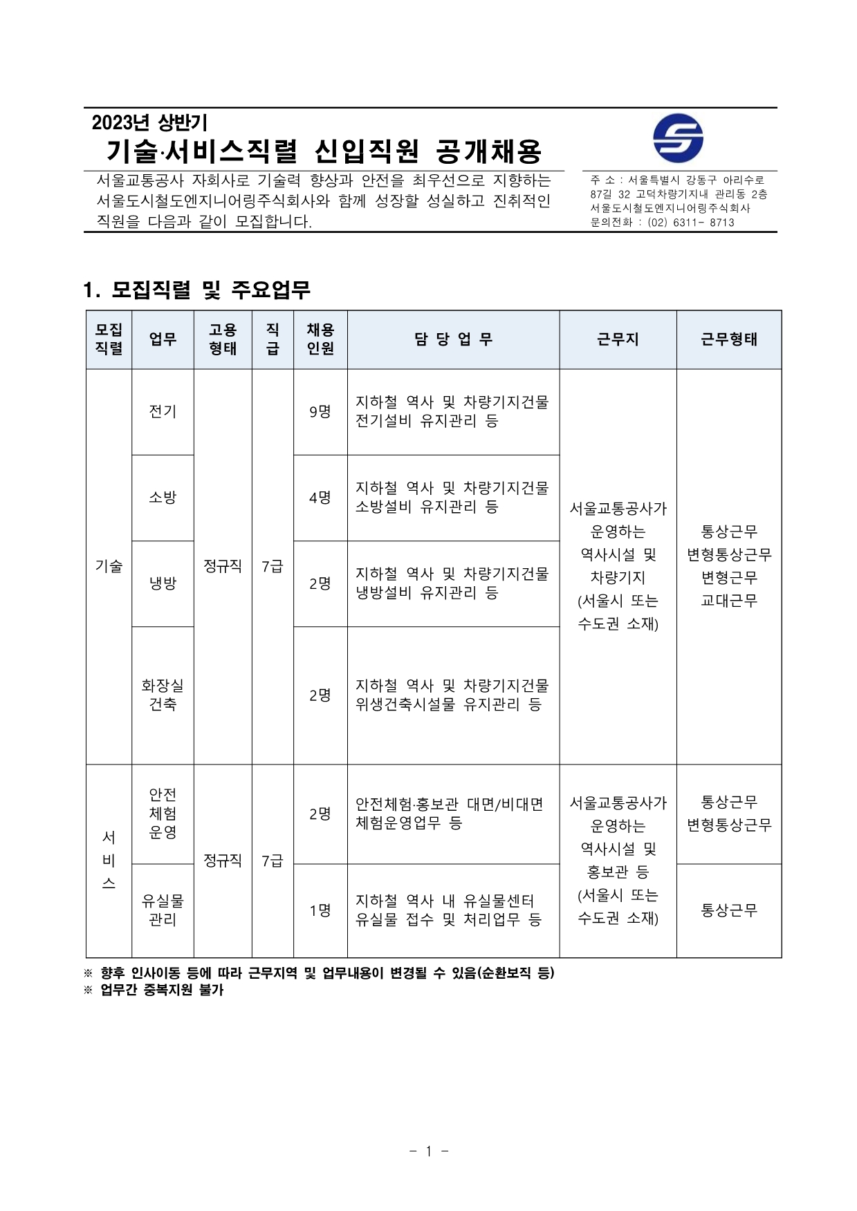 서울도시철도엔지니어링 채용공고 2023년 상반기 기술·서비스직렬 신입직원 공개채용 2023년 채용