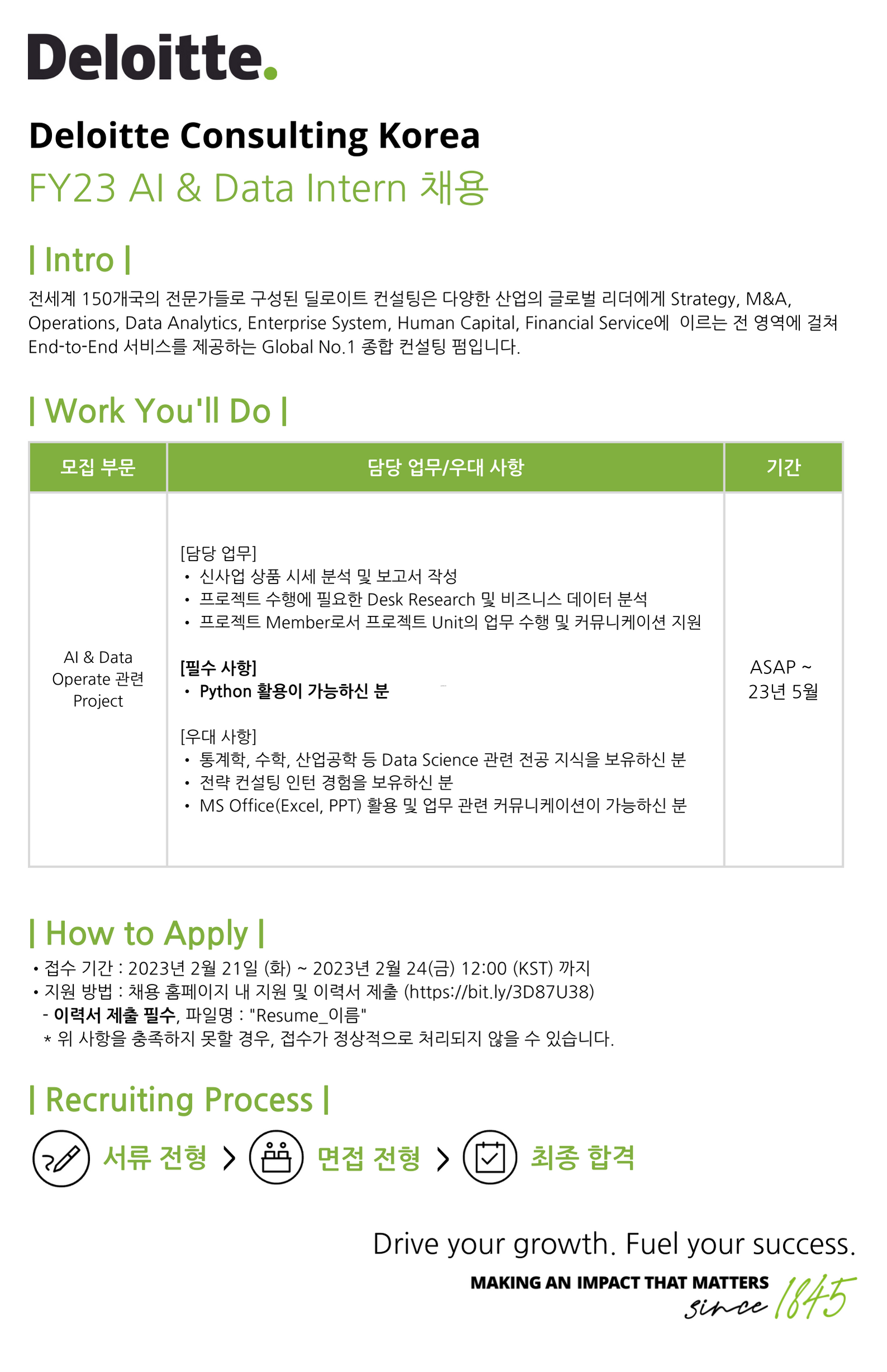 딜로이트컨설팅 채용공고 FY23 AI & Data Intern 채용 | 2023년 채용