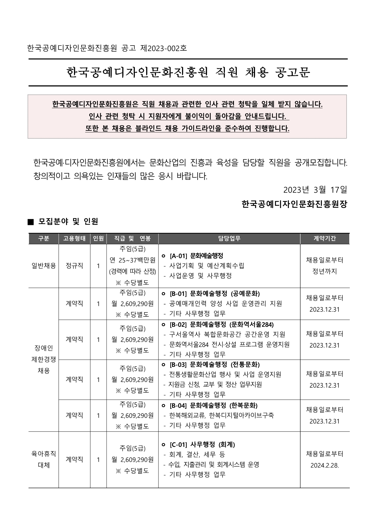 한국공예디자인문화진흥원 채용공고 2023 002 직원 정규직 계약직장애인제한경쟁 육아휴직대체 일반 채용 공고