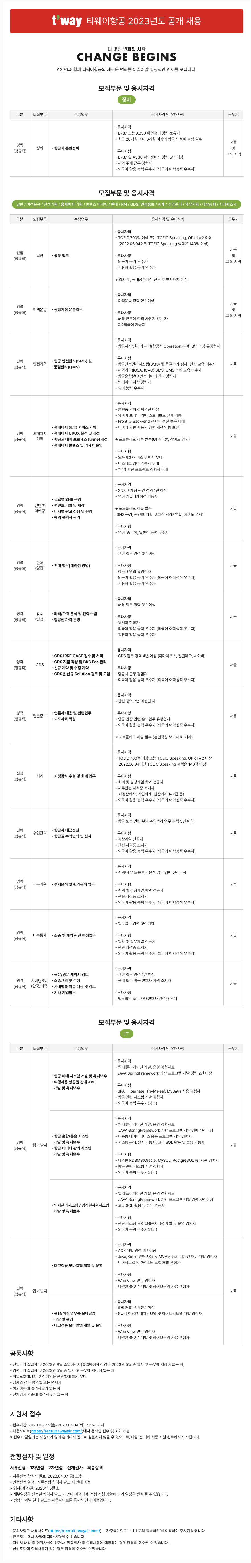 티웨이항공 채용공고 2023년도 공개 채용정비 여객운송 일반 It 2023년 채용