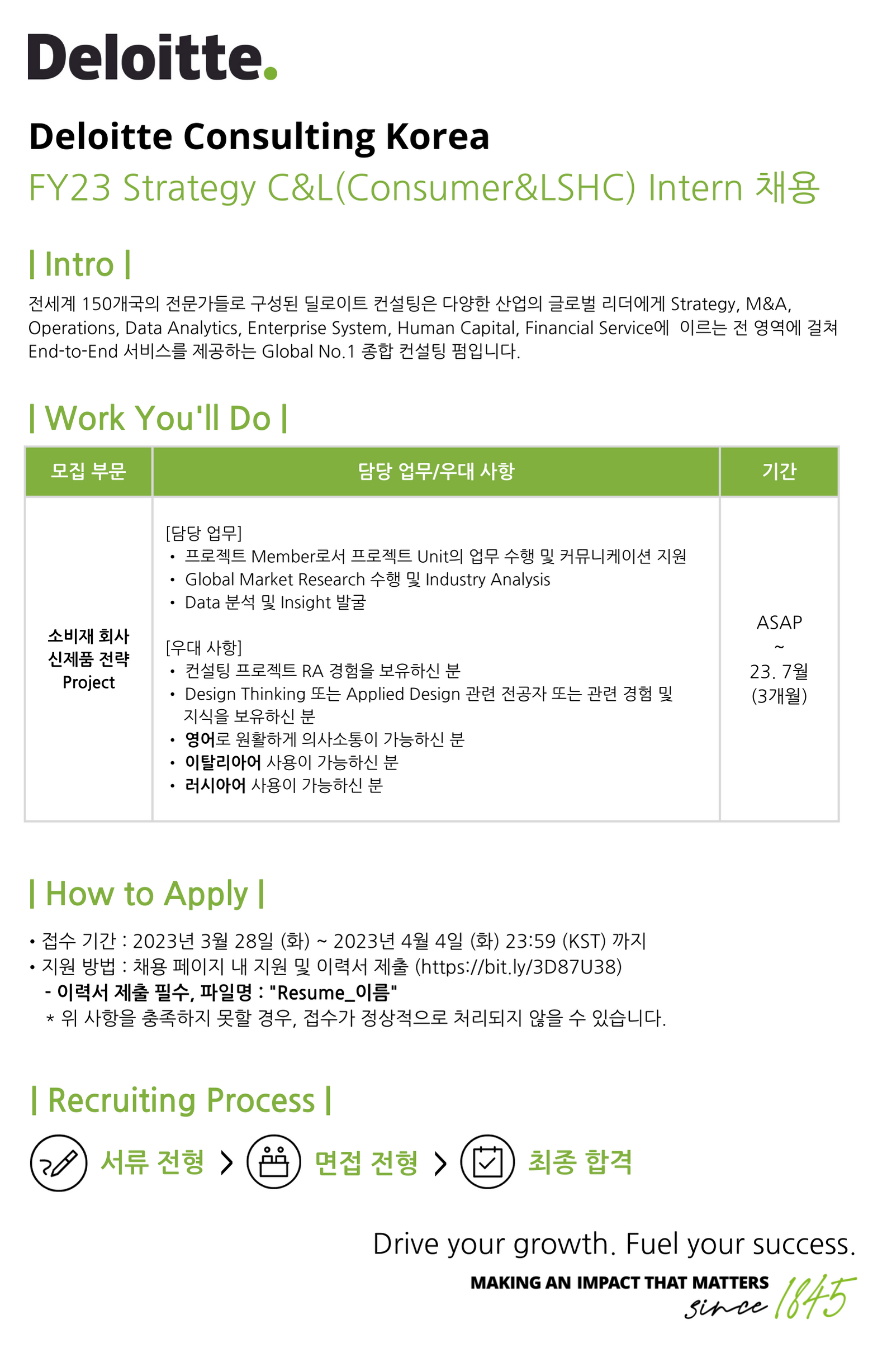 딜로이트컨설팅 채용공고 FY23 Strategy C&L (Consumer&LSHC) Intern 채용 | 2023년 채용