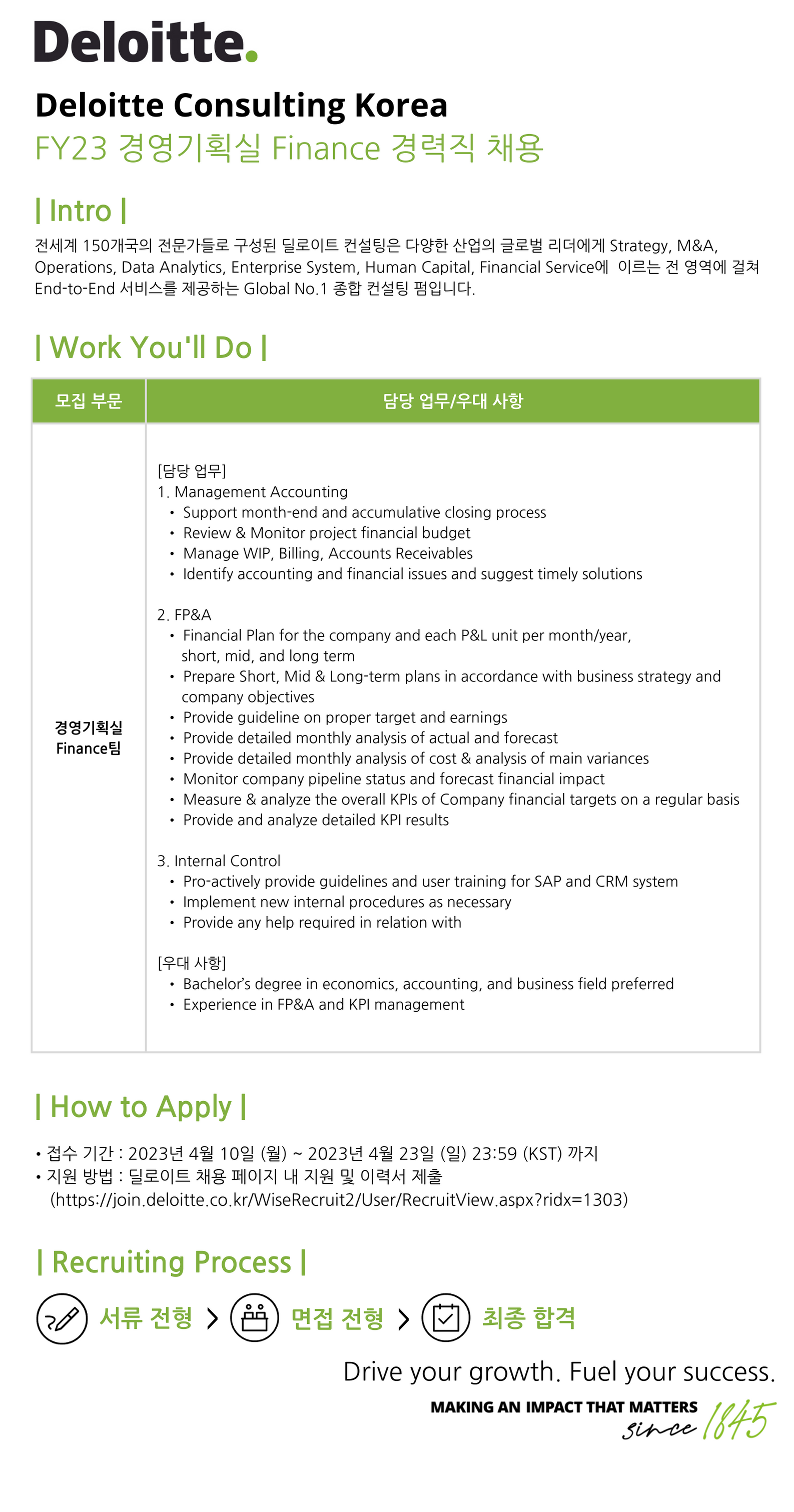 딜로이트컨설팅 채용공고 Fy23 경영기획실 Finance 경력직 채용 2023년 채용