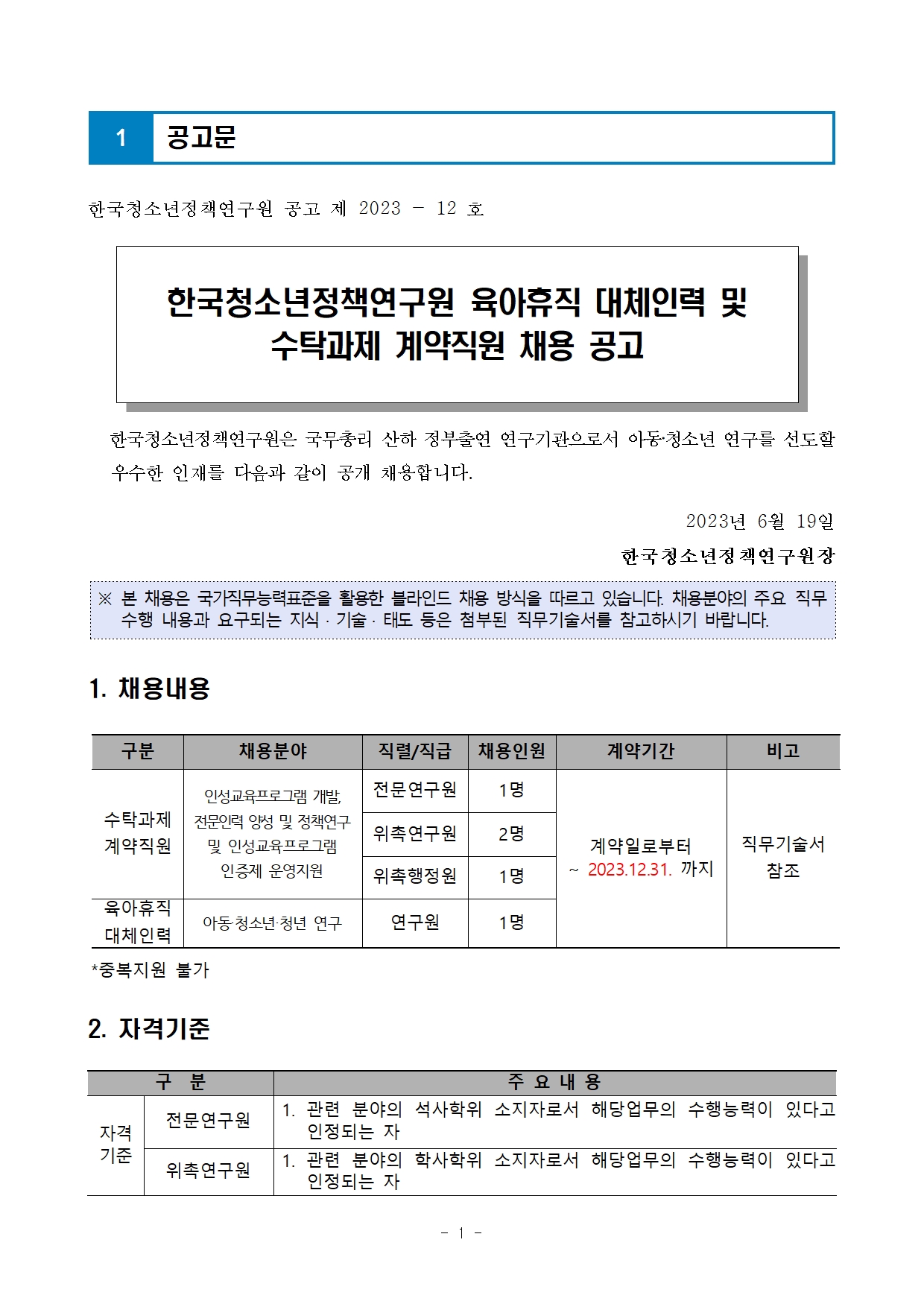 한국청소년정책연구원 채용공고 2023 12호 육아휴직 대체인력 및 수탁과제 계약직원 채용 공고 공모전 대외활동 링커리어
