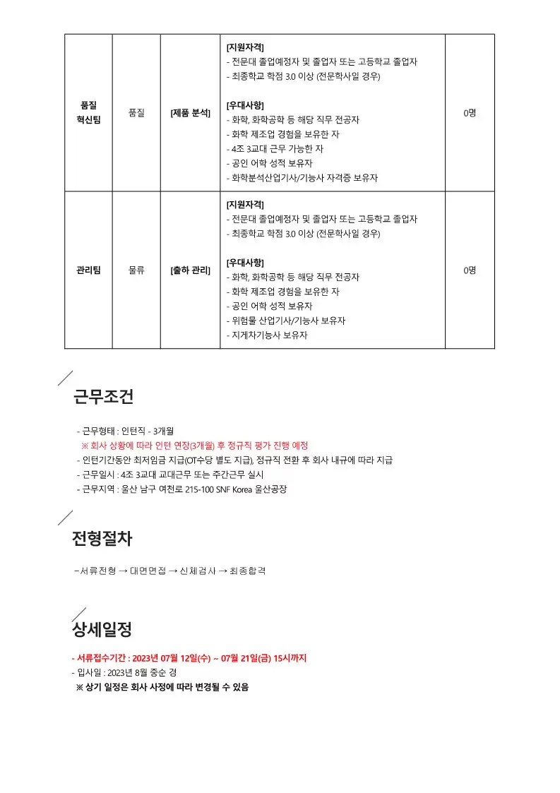 SNF Korea 채용공고 2023년 정규직 전환형 인턴사원 채용공고 | 2023년 채용