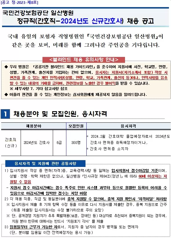 국민건강보험공단 일산병원 채용공고 2024년도 신규간호사 채용 2023년 채용