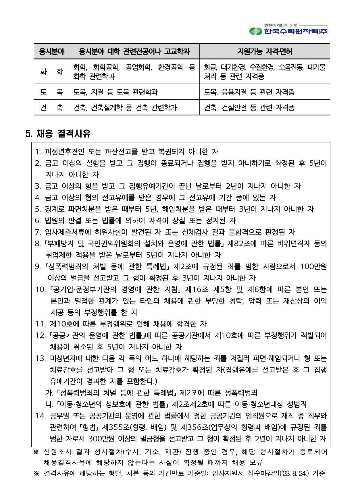 한국수력원자력 채용공고 2023년도 제2차 대졸수준 신입사원 선발보훈특별 2023년 채용