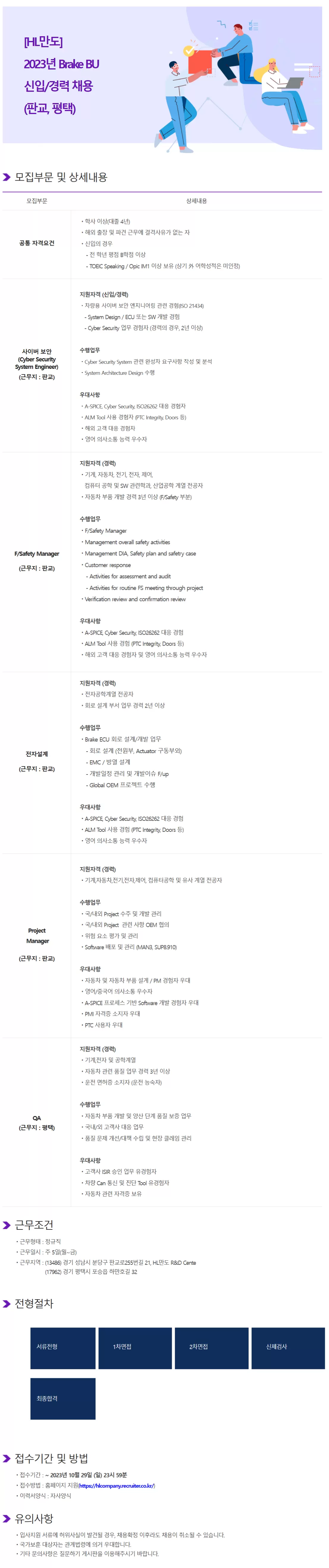 Hl만도 채용공고 2023년 Brake Bu 신입경력 채용판교 2023년 채용