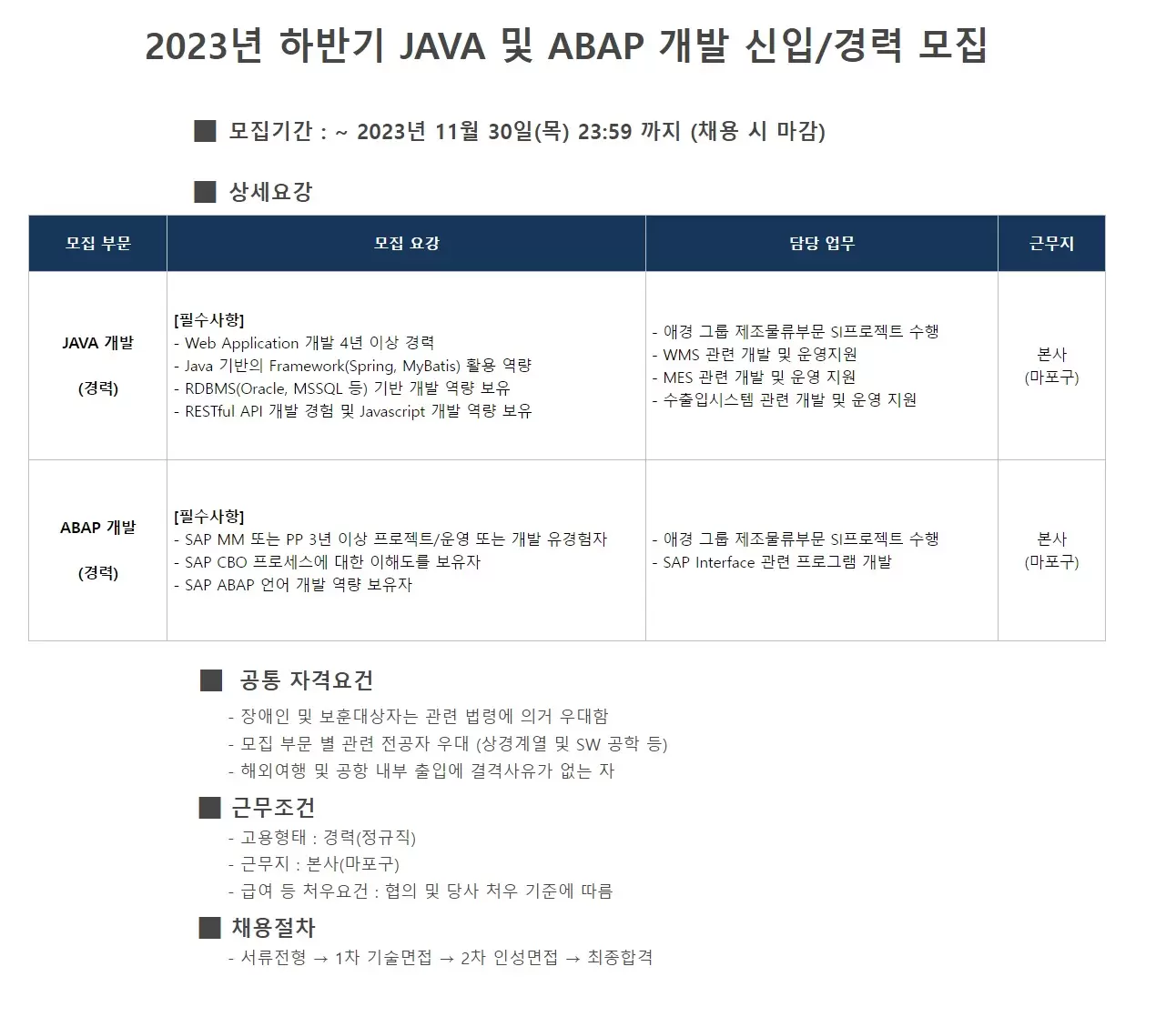 AKIS 채용공고 - 2023년 하반기 JAVA 및 ABAP 개발 경력 모집 | 자소서 문항, 지원자 스펙 분석까지