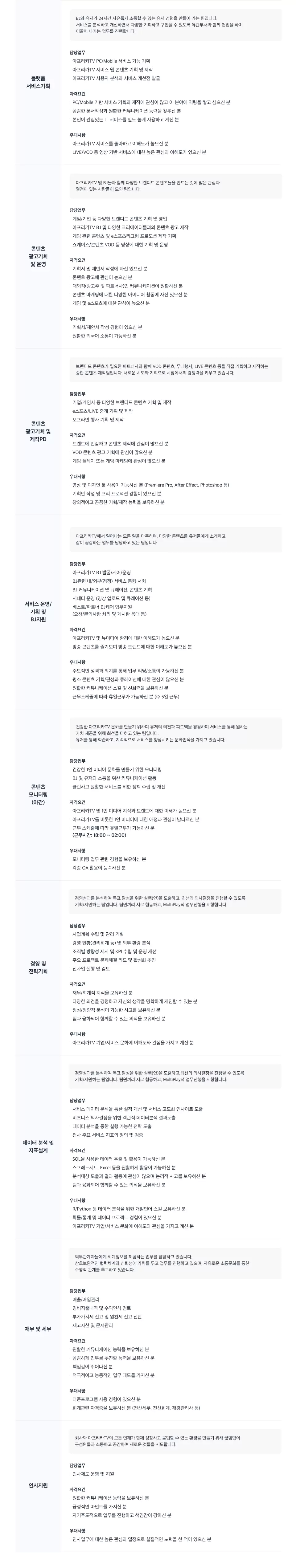 아프리카tv 채용공고 2023 신입 경리·회계·결산 경영기획 경영전략 인사 교육 채용 재무 세무 광고기획·ae 시스템프로그래머 응용프로그래머 서비스기획