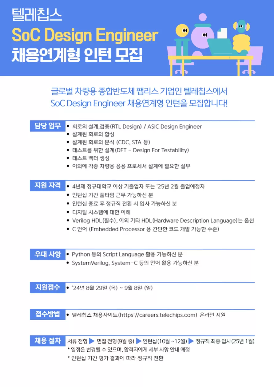 텔레칩스 채용공고 - SoC Design Engineer 채용연계형 인턴 모집 | 자소서 문항, 지원자 스펙 분석까지