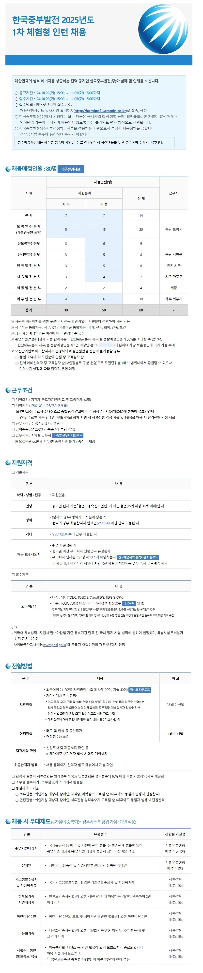 한국중부발전(KOMIPO) 채용공고 2025년도 1차 체험형 인턴 채용공고 | 2024년 채용