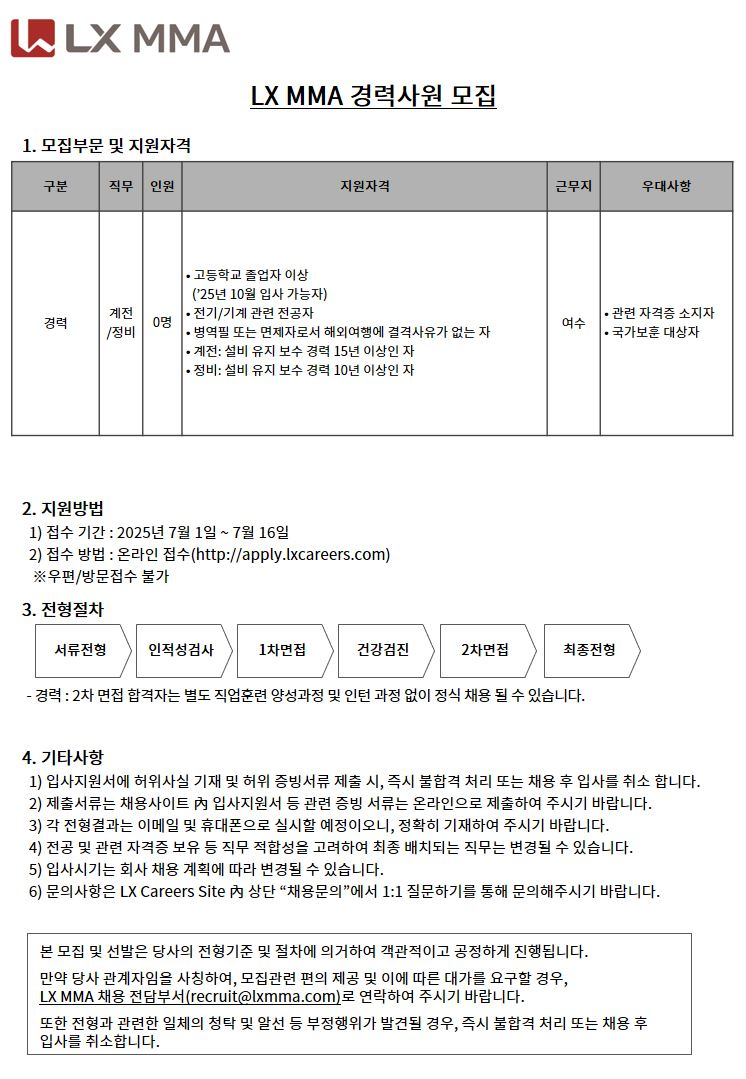 LX MMA 채용공고 2025년 전문기술직 경력 모집(여수) | 2025년 채용