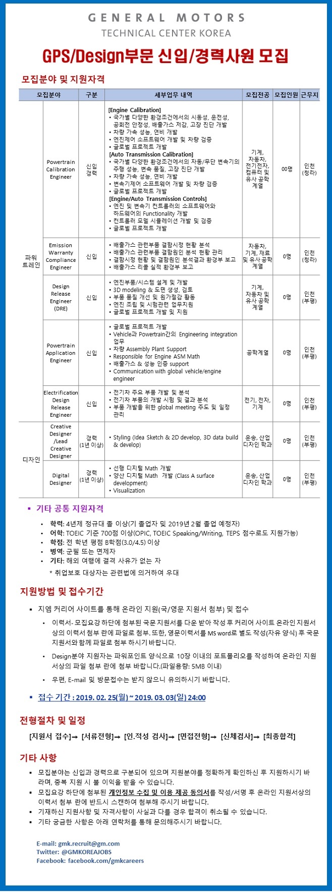 한국지엠 채용공고 한국지엠 파워트레인 등 | 2019년 채용