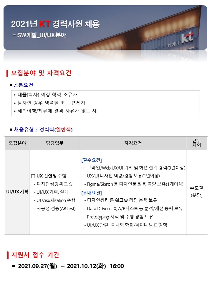 KT 채용공고 경력사원 채용(UI/UX 기획) | 2021년 채용