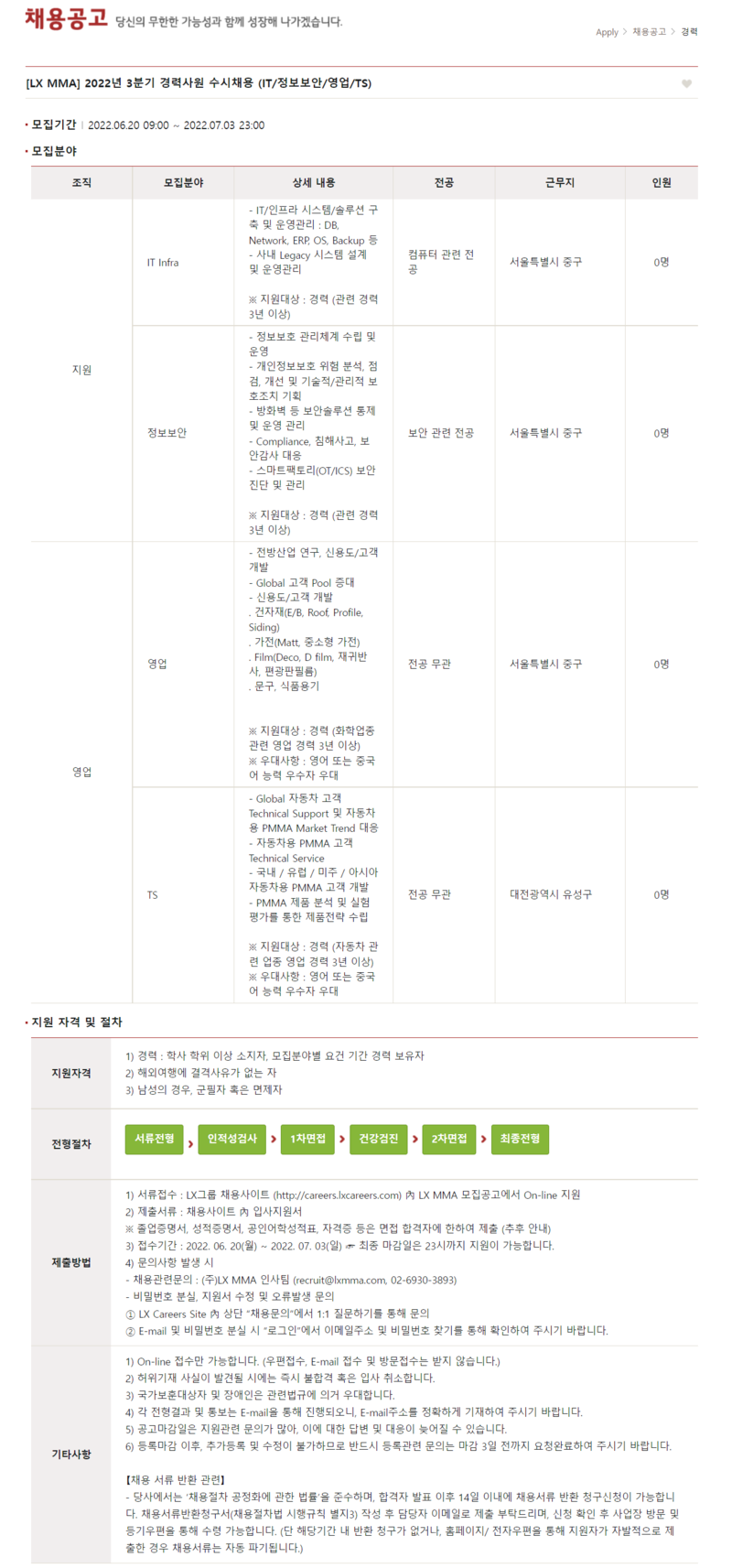LX MMA 채용공고 3분기 경력사원 수시채용 (IT/정보보안/영업/TS) | 2022년 채용