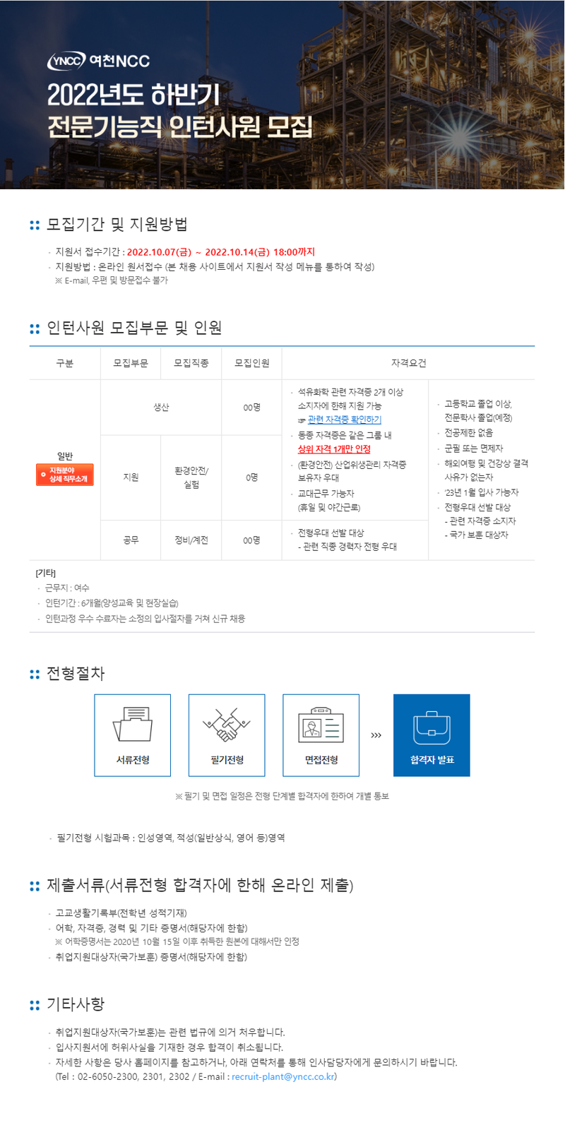 여천NCC 채용공고 2022년 하반기 전문기능직 인턴사원 모집 | 2022년 채용